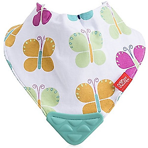 Nuby Reversible 2 Piece Teething Bib, Pink Flower, Aqua Butterfly, 3 mo +