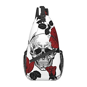 Lunepon Rose And Skull Sling Backpack Crossbody Shoulder Bags For Women Men, Sling Bag Travel Hiking Chest Bag Daypack Unisex