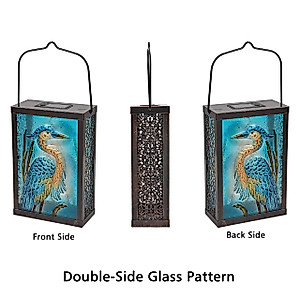 TERESA'S COLLECTIONS Glass Decorative Hanging Outdoor Solar Lanterns Bundle(2PCS) | Bee Gathering Honey Lantern and Blue Heron Lantern for Home Garden Patio Lawn Yard Decor