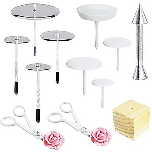 12 PCS Cake Decorating Supplies, Woohome 8 PCS 2 Style Cake Flower Nail, 2 PCS Flower Lifters and 1 PCS Wood Flower Nails Holder, 1 PCS Cake Icing Dispensers for Icing Flowers Decoration