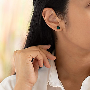 Peora Created Emerald Stud Earrings for Women 14K White Gold, Classic Solitaire, 2 Carats total Princess Cut, 6mm, Friction Back