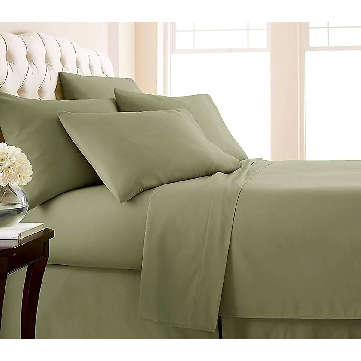 TASHMIA Sheet Set Twin Size 39"x 75" x 21" Deep Pocket 100% Egyptian Cotton 600 Thread Count Soft & Silky Sateen Weave Sheets Sage Solid