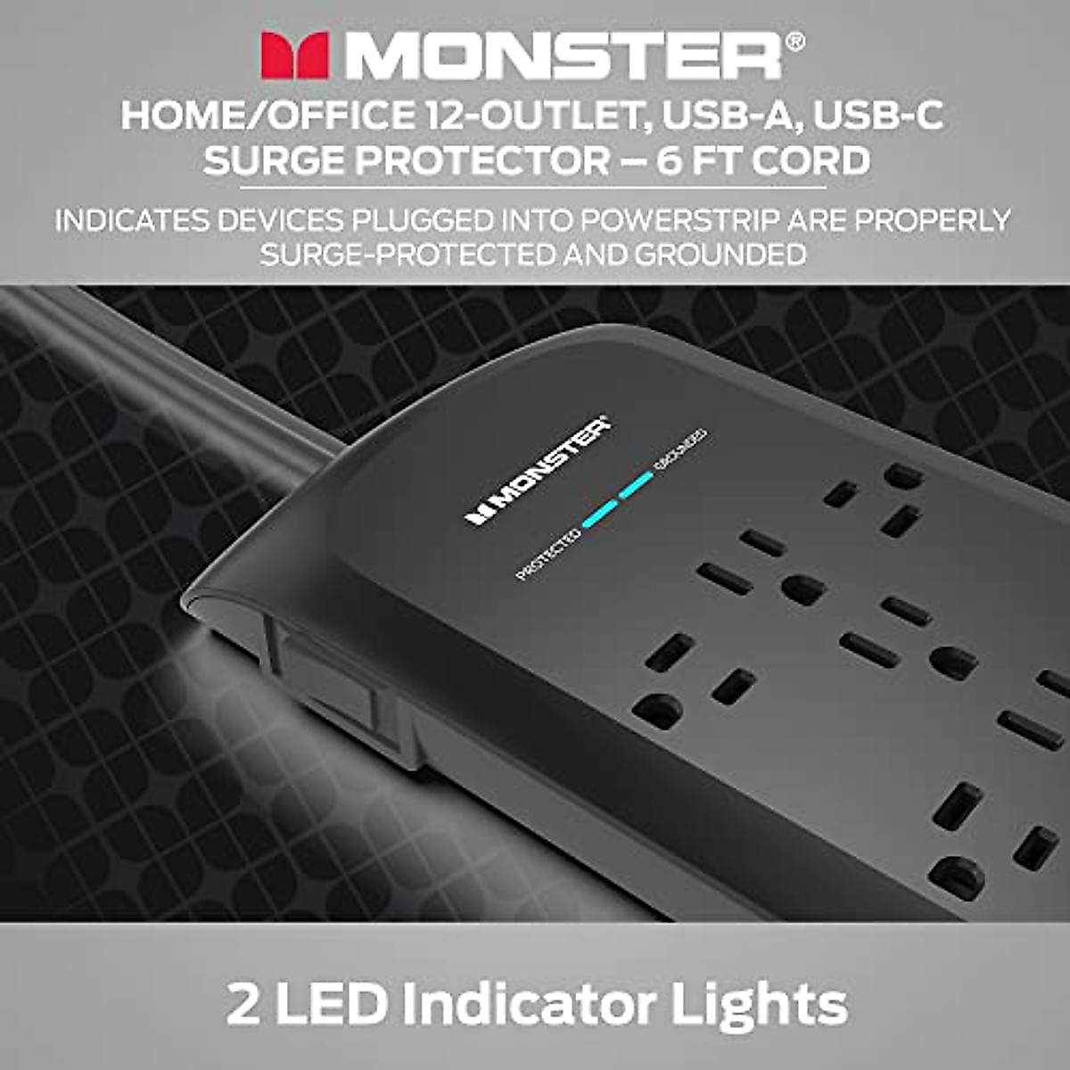 Monster Black Heavy Duty Surge Protector Power Strip 6 ft Cord with 12 120V-Outlet Extension, 2 Ethernet Switch Ports, 4050J Rating, 1 USB-A, and 1 USB-C Charging Ports – Ideal for Computers & Offices