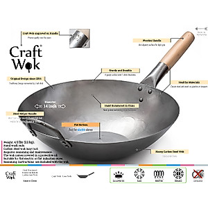 Craft Wok Flat Hand Hammered Carbon Steel Pow Wok with Wooden and Steel Helper Handle (14 Inch, Flat Bottom) / 731W316