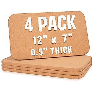 BlueGift Cork Trivet 4 Pack 12" x 7" x 0.5" Heat-Resistant Cork Mat Bases Hot Pads for Table, Countertop, Kitchen Rectangle Cork Trivet Set for Hot Dishes, Pans, Pots