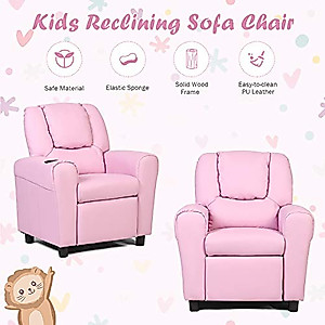 Costzon Kids Recliner Chair with Cup Holder, Toddler Furniture Children Armrest Sofa w/Headrest & Footrest for Girls Boys Baby Bedroom, Kids Room, PU Leather Kids Recliner Couch (Pink)