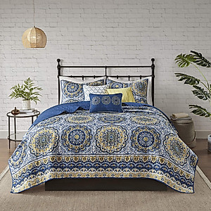 Madison Park Tangiers Quilt Modern Classic Design All Season, Breathable Coverlet Lightweight Bedding Set, Matching Shams, Decorative Pillow, King/Cal King(104"x94"), Circle Blue 6 Piece