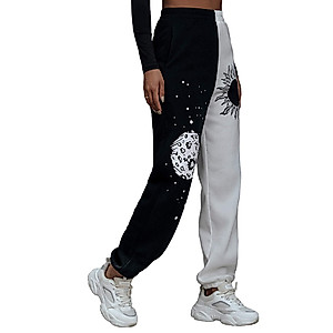 SOLY HUX Women's Graphic Letter Print Elastic Waist Sweatpants Color Block Cozy Running Joggers Pants Graphic Black and White S