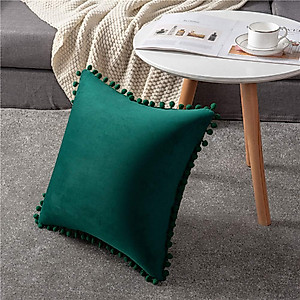DEZENE Decorative Pillow Covers 18x18 Green: 2 Pack Cozy Soft Pom-poms Velvet Square Throw Pillow Cases for Farmhouse Home Decor
