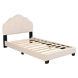 EastVita Twin Size Upholstered Platform Bed with Shell Design Headboard Acacia Wood Bedframe Mattress Foundation No Box Spring Needed for Kids Girls Boys Bedroom