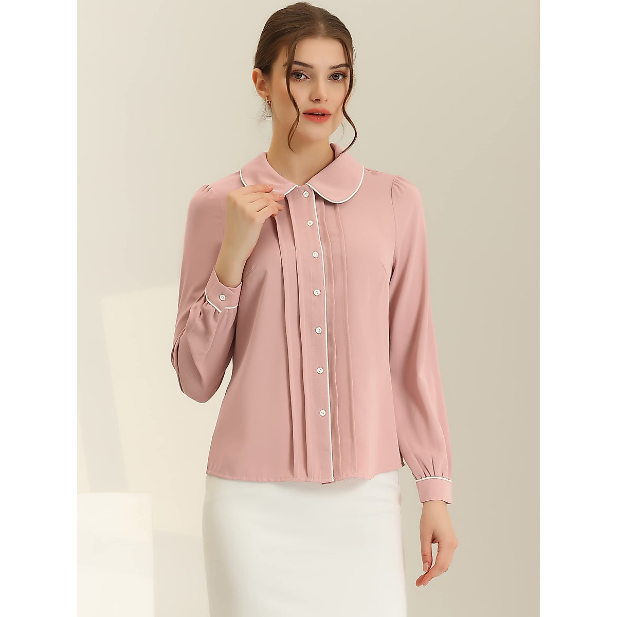 Allegra K Women's Peter Pan Collar Shirt Long Sleeve Elegant Button Down Work Blouse Medium Pink