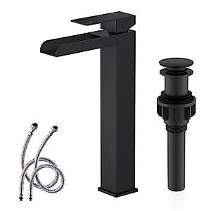 KENES Tall Bathroom Vessel Sink Faucet, Matte Black Tall Waterfall Bathroom Faucet, Single Handle Waterfall Bathroom Faucet Lavatory Vanity Faucet with Pop Up Drain & Water Supply Hoses LJ-9035A-2