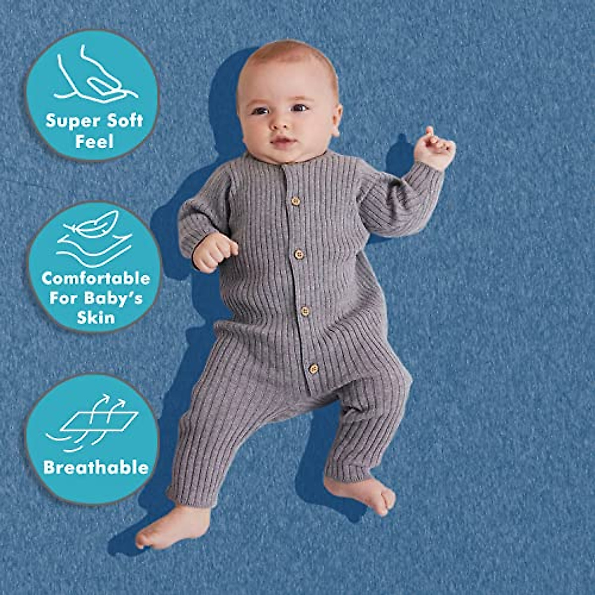 Dreamology 100% Cotton Jersey Knitted Mini Crib Sheets for Boys and Toddler, Soft and Breathable, Crib Sheets Girl Snug Fit, Machine Washable(P3,Denim Blue, Sky Blue/Gray Stripe, 38"x24"x6")