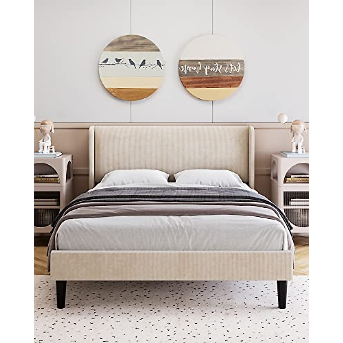 Homhougo Queen Bed Frame, Upholstered Platform Bed with Wingback Headboard, Velvet Upholstered Bed Frame with 2 Storage Pockets, Strong Wooden Slat Support, Easy Assembly, Box Spring Optional, Beige