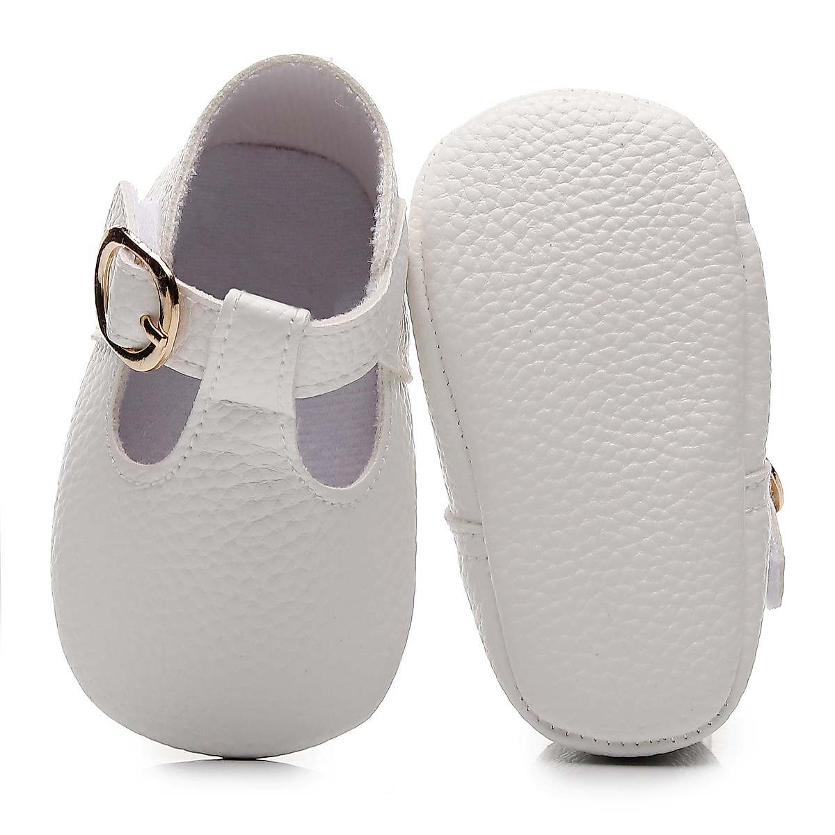 HONGTEYA Baby Girls Boys T-Strap Moccasins Baby Mary Jane Shoes Toddler Flats Infant Girl Shoes PU Soft Soled for Baby First Walk (White)
