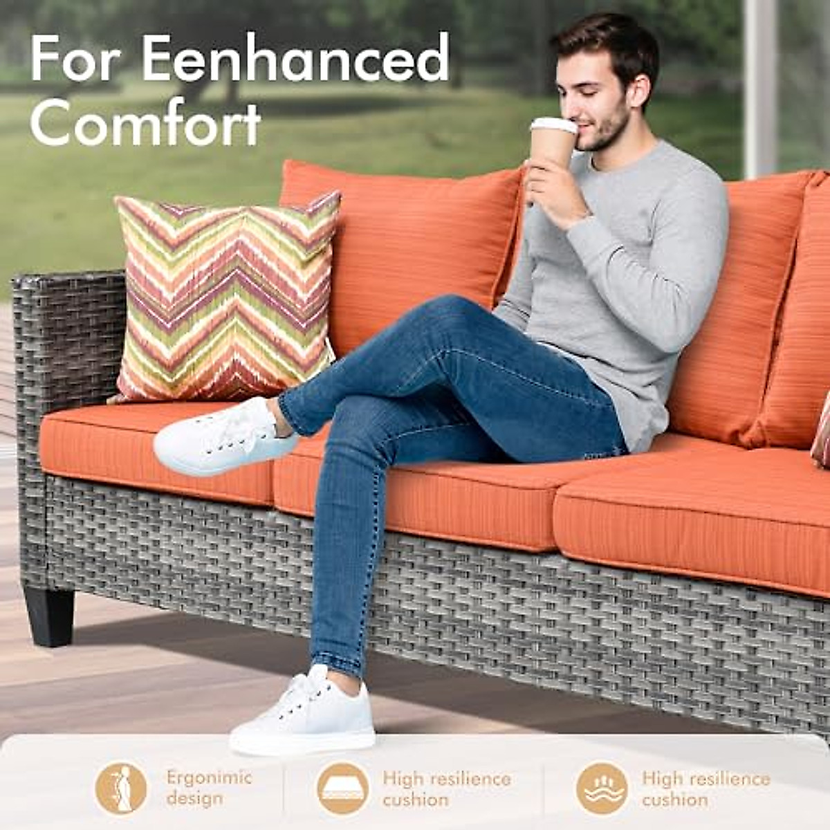 XIZZI Patio Furniture Set Outdoor All Weather Wicker 7 Pieces Conversation Sofa with High Back Swivel Rocking Chairs Matching Side Table,Ottomans and Coffee Table,Brown Wicker Orange Red