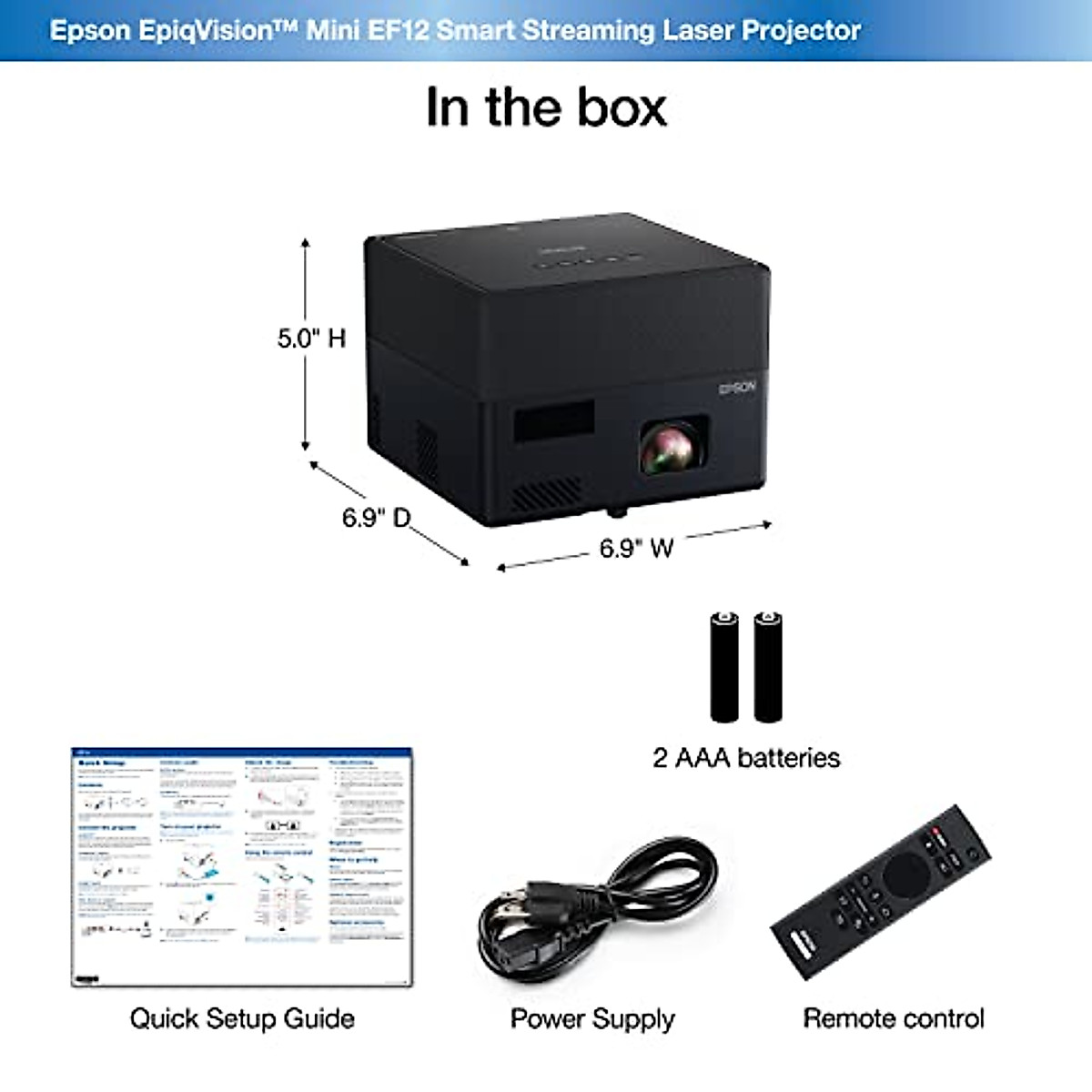 Epson EpiqVision Mini EF12 Smart Streaming Laser Projector, HDR, Android TV, Movies, Family Gaming, Portable, sound by Yamaha, 3LCD, Full HD 1080p, 1000 lumens Color & White Brightness Bluetooth Black
