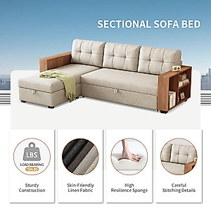 Favfurish 84" Convertible Sectional Couch with Pull Out Bed and Storage Chaise,L Shaped Sleeper Sofa W/Wood Cabinet Armrests&Removable Back Cushions,Living Room Furniture for Home,Office,Dark Beige