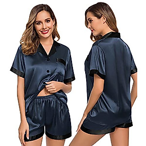 SWOMOG Women's Two Pieces Pajamas Sets Short Sleeve Plus Size Silk Satin Sleepwear Loose PJs Set Loungewear Deep Grey
