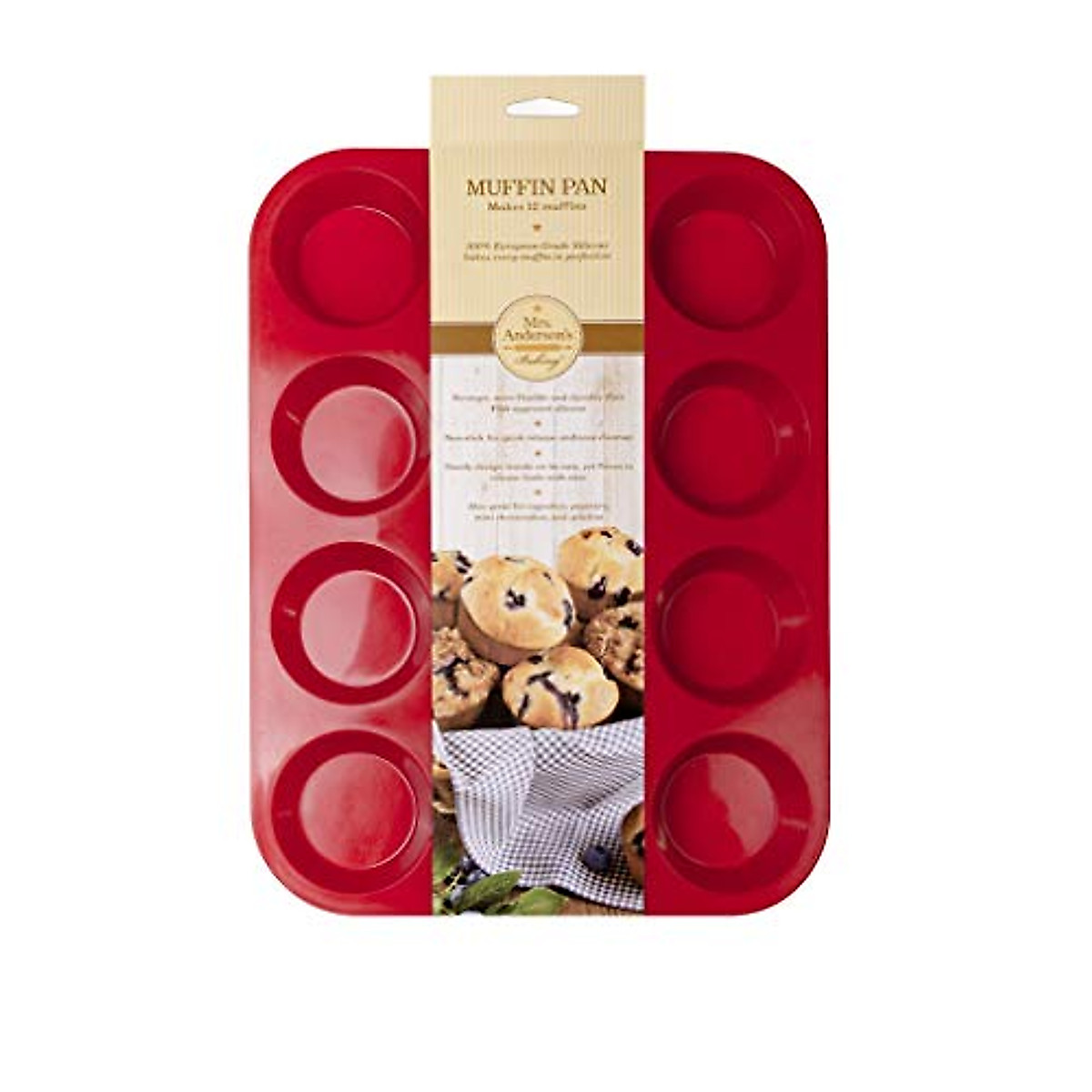 Mrs. Anderson's Baking Silicone 12-Cup Muffin Pan Baking Mold, BPA Free, Non-Stick European-Grade Silicone, 13.5 x 10 x 1.25-Inches