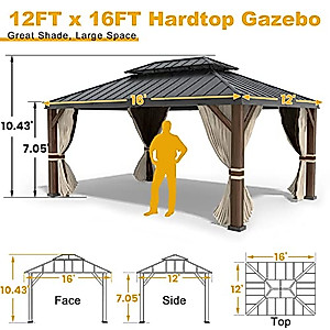 OLILAWN Gazebo 12x16, Hardtop Gazebo with Wood Finish Aluminum Frame, Galvanized Steel Double Top Gazebo with Ventilation, All-Weather Metal Gazebo with Netting and Curtains, for Patios Gardens Lawns