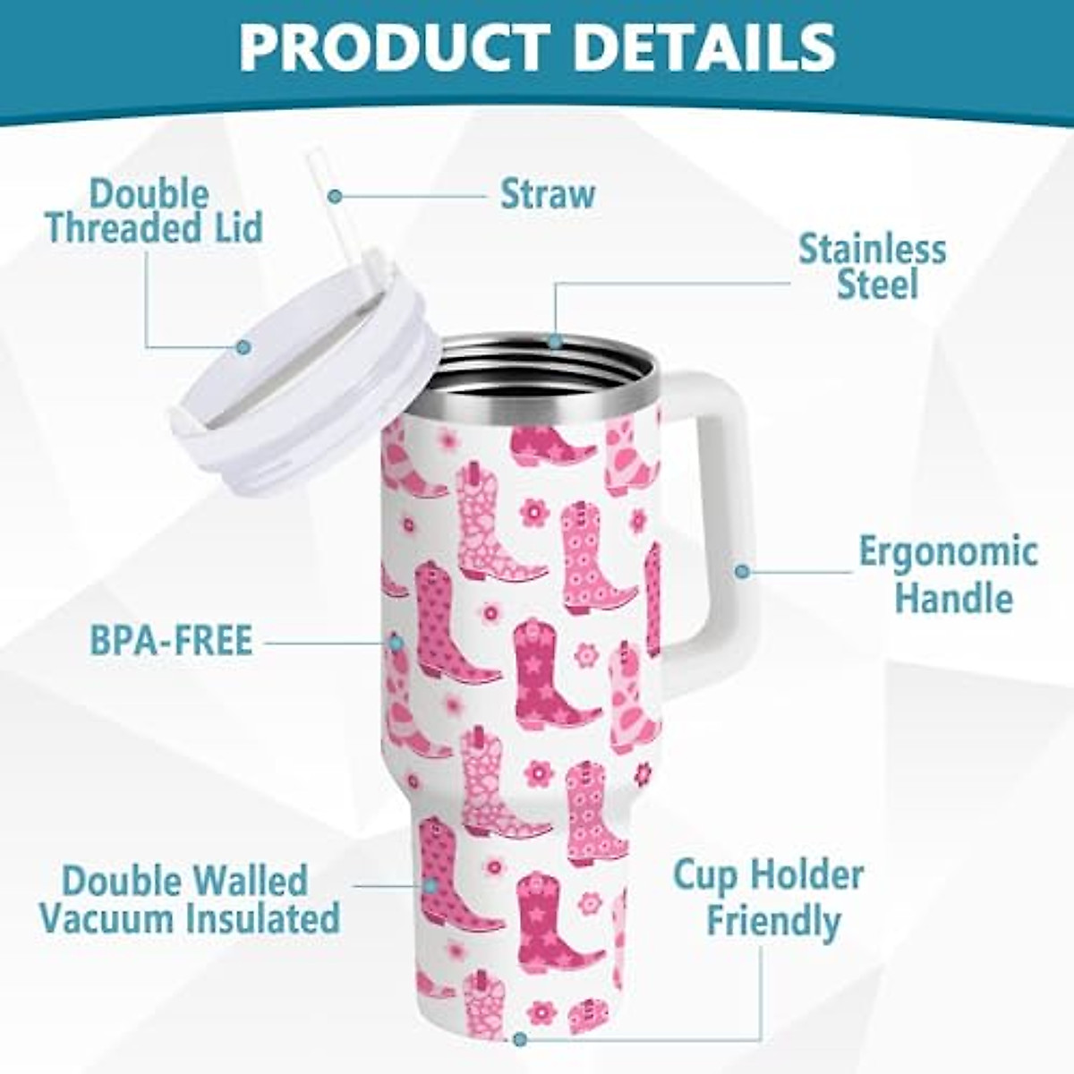 ARGTILDN 40 oz Tumbler Western Cowboy Boots Flowers Insulated Travel Mug with Handle and Straw Lid Stainless Steel Vacuum Coffee Cup Tea Beverage Container Water Bottles for Car Sports office