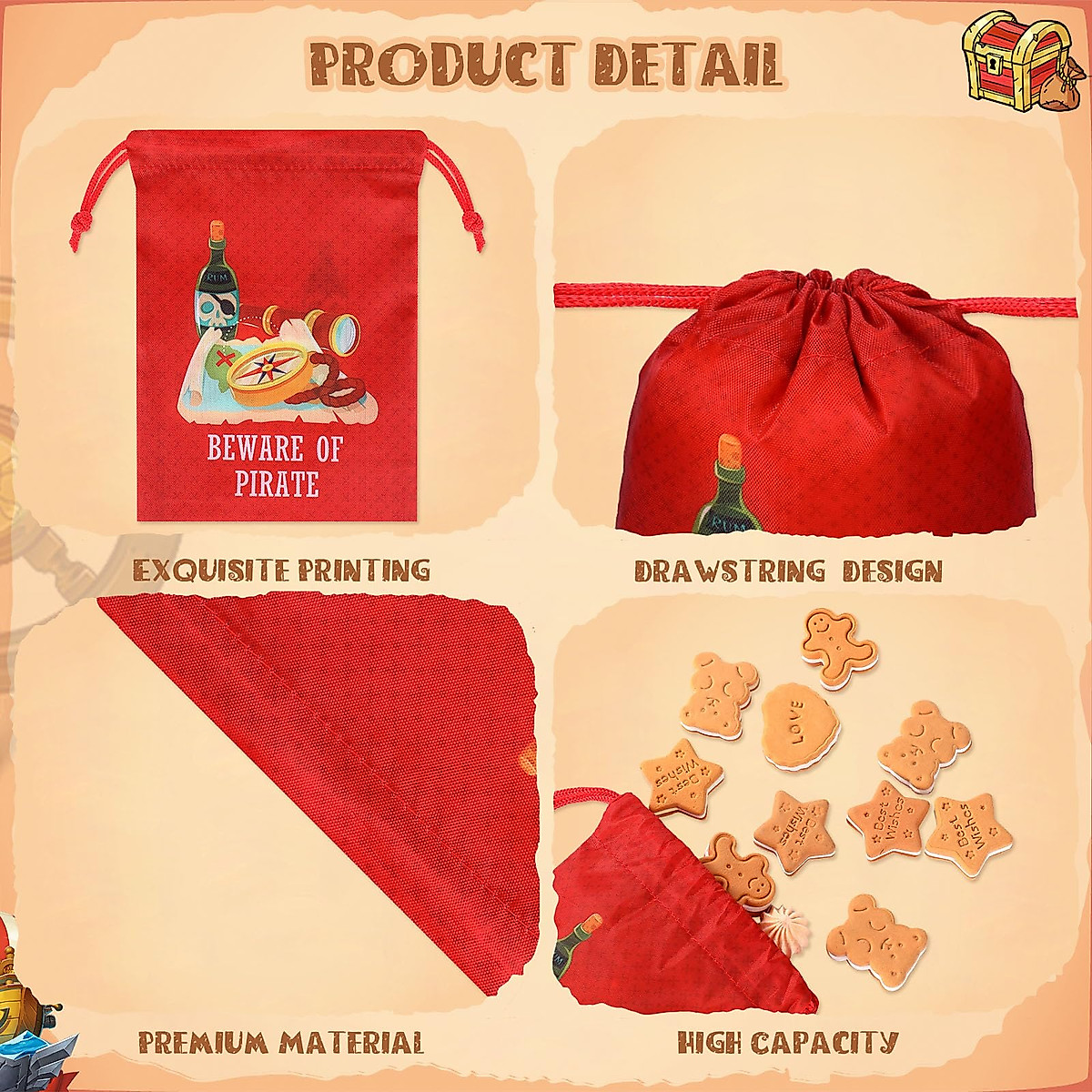 Cunno 24 Pcs Pirate Gift Bags Nautical Drawstring Bags Nautical Candy Bags Pirate Skull Polyester Favor Bags Adventure Ocean Treat Bags for Boys Kids Halloween Pirate Ship Cosplay Party Favors Supply