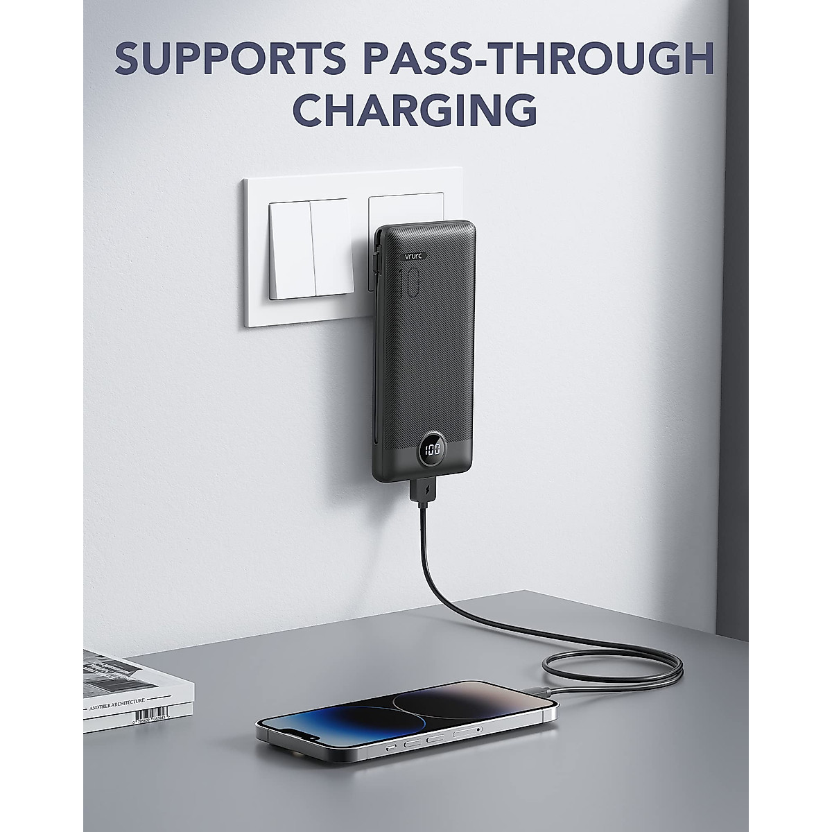 VRURC Portable Charger Built-in Cables and AC Wall Plug, USB C Power Bank 10000mAh, [2023 Upgraded Version] Phone Charger Compact Lightweight External Battery Pack for Smart Phones, Tablets etc-Black