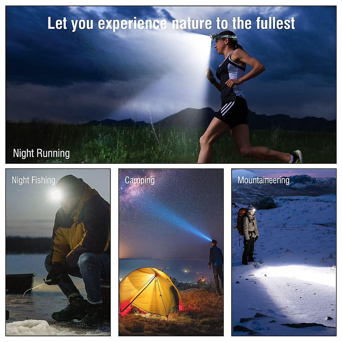 BORUIT B10 Rechargeable Headlamp Super Bright 100000 Lumens - 4 Modes LED Head Lamp USB Waterproof Headlight fit Adult Hunting Fishing Camping Hiking Outdoor