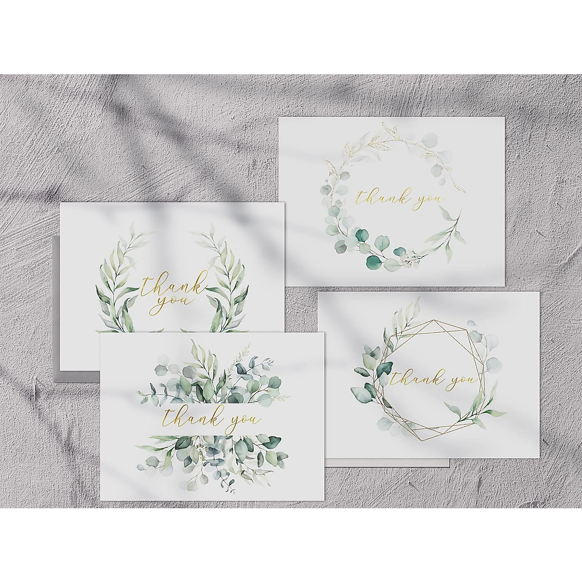 AMNADOF 100 Eucalyptus Gold Foil Thank You Cards Bulk -- Blank Note Cards with Greenery Envelopes – Include Stickers, Perfect for Wedding,Baby Shower, Bridal Shower and All Occasions