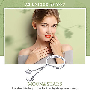 Kokoma Fashion CZ Moon Star Eternity Promise Ring Sterling Silver Adjustable Crystal Tassel Chain Wedding Statement Rings Finger Tail Band Cute Jewelry Gifts