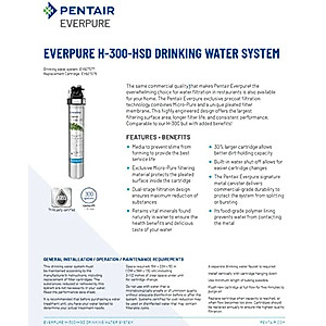 Pentair Everpure H-300-HSD Quick-Change Filter Cartridge, EV927075, For Use in Everpure H Series Drinking Water Systems, 300 Gallon Capacity, 0.5 Micron