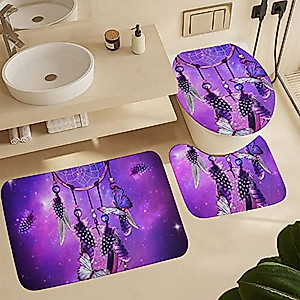 EEncantoo 4 Piece Dreamcatcher Butterflies Purple Art Shaggy Rugs + Contour Mat & Lid Cover Rubber Backing + Quick Dry Shower Stall Curtain for Dorm Room, Tub and Shower