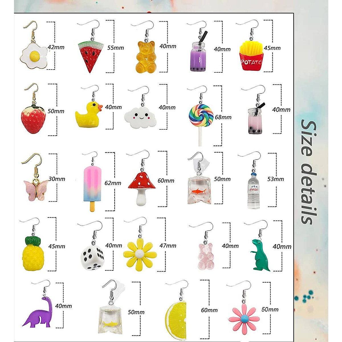 Jewdreamer 24 Pairs Cute Earrings Weird Earrings Set Funny Kawaii Earrings Fruit Gummy Bear Duck Water Bottle Goldfish Dinosaur Mushroom Butterfly Strawberry Dangle Earrings for Women