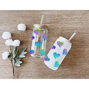 Rainbow Hearts Glass Cup 16 oz Glass Cup with Bamboo Lid and Reusable Straw