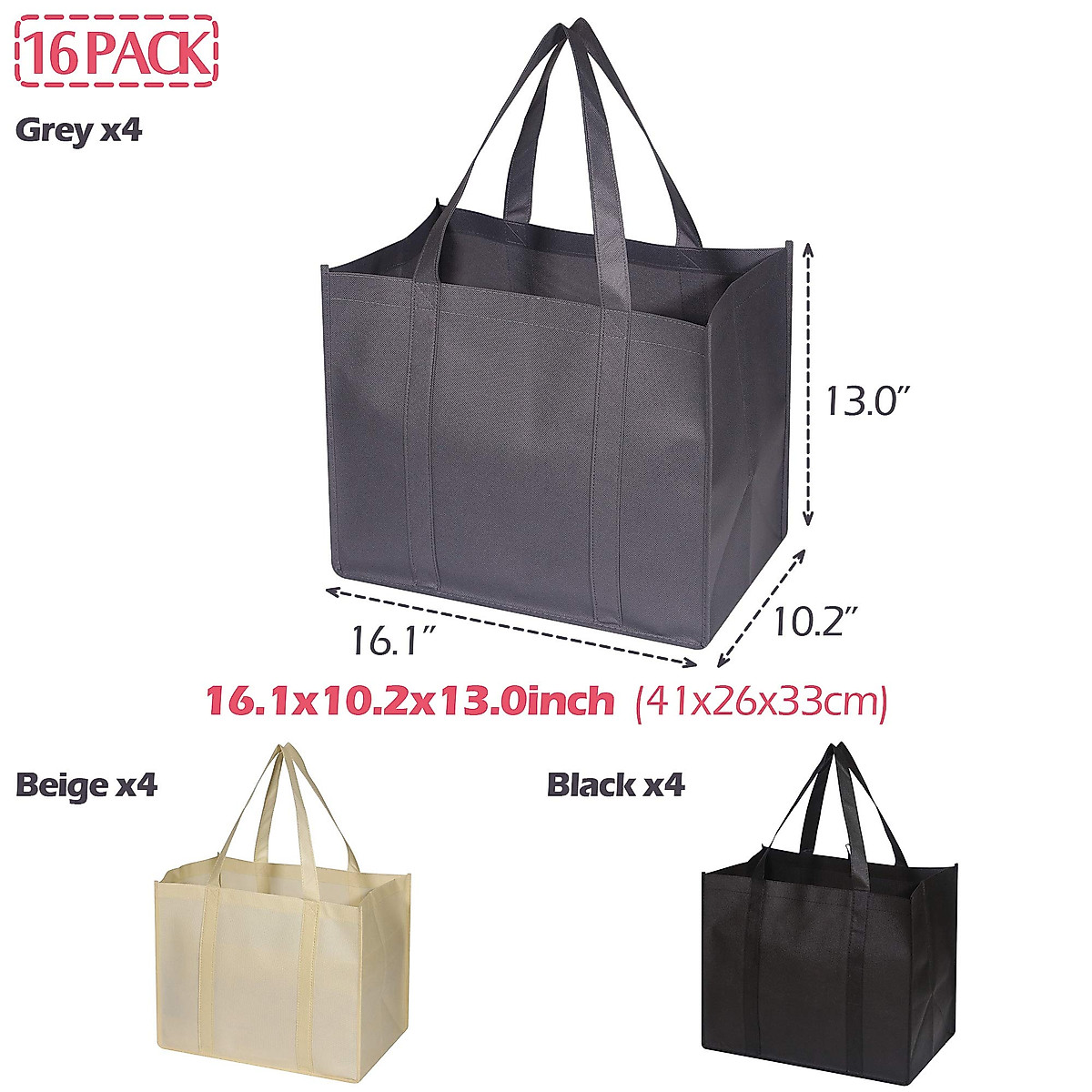 DIOMMELL 16 Pack Reusable Grocery Bags Large Foldable Heavy Duty Shopping Tote Produce Bag with Reinforced Handles for Groceries Clothes Vegetables Fruit, Black Gery Beige