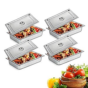 4 Pack Stainless Food Pan 4inch Deep Full Size Steam Table Pan Hotel Buffet Food Holder, Hotel Pan Steam Table Pan with Lids Anti-Jam Hotel Food Pans (4-Pack Hotel Pan)