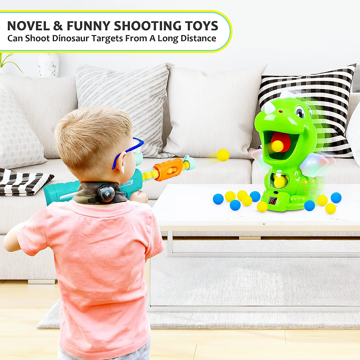 Movable Dinosaur Shooting Toy Guns for Kids with 2 Air Pump Guns Target Shooting Games and 46 Foam Balls,Party Toys with Score Record,Sound and LED,Gifts for Boys & Girls Toy Ages 4 5 6 7 8 Years Old
