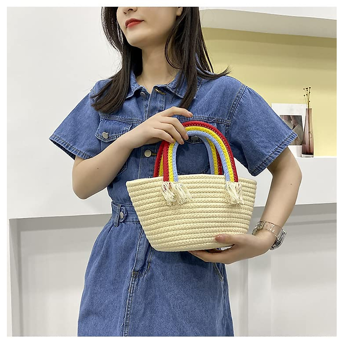 Motleader Woven tote bags Beach bags Rainbow cotton yarn woven picnic basket