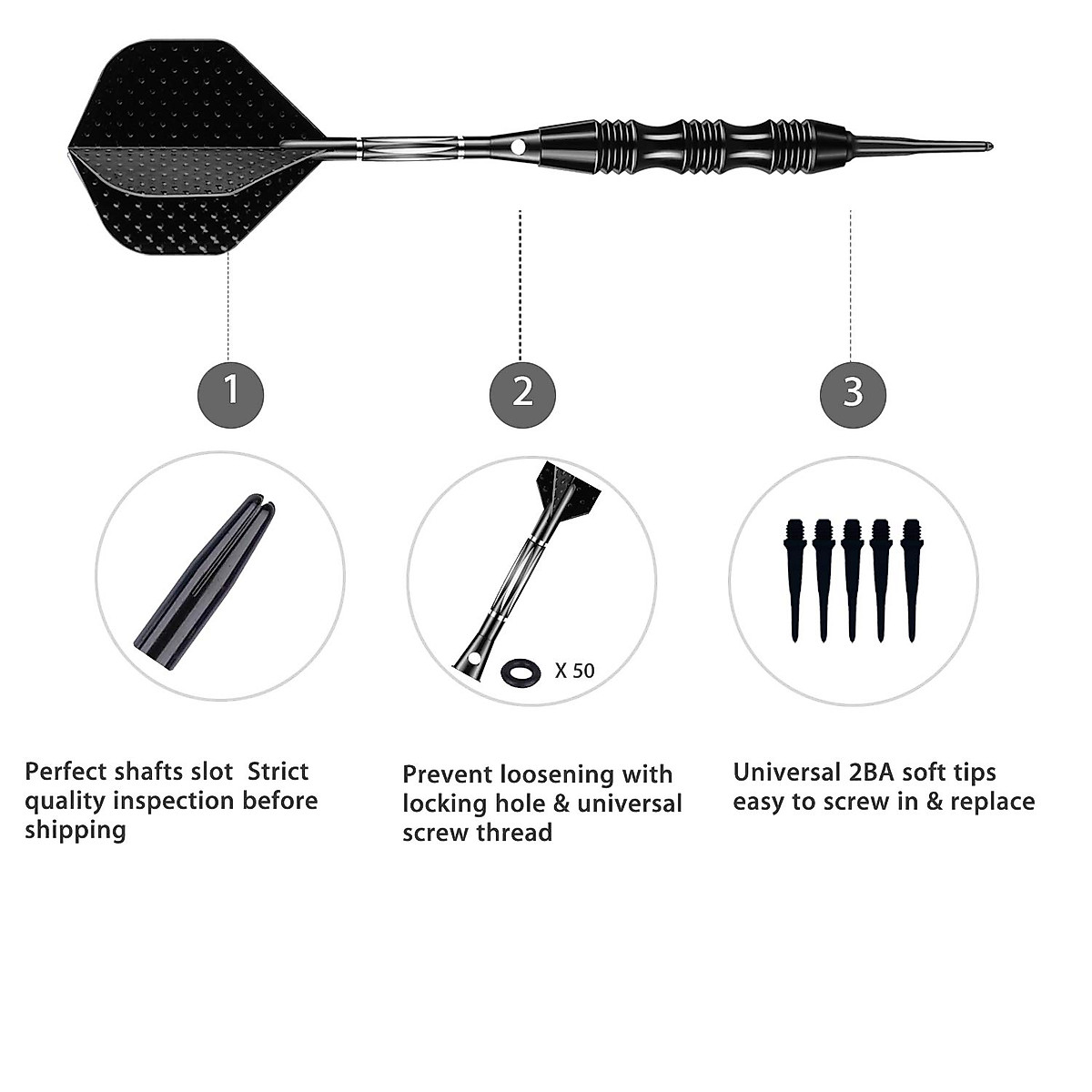 sanfeng Professional Soft Tip Darts Set 20 Grams W/ 50 O-Rings- 30 Darts Plastic Tip + Black Aluminum Shafts + 6 Standard Flights + Portable Case for Electronic Dart Board