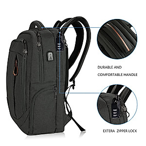 KROSER Laptop Backpack Large Computer Backpack Fits up to 17.3 Inch Laptop with USB Charging Port Water-Repellent School Travel Backpack Casual Daypack for Business/College/Women/Men-Charcoal Black