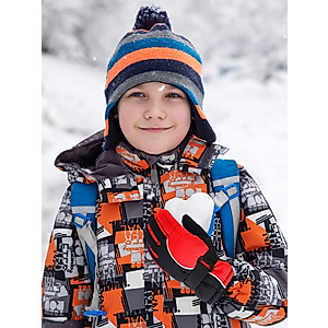 2 Pairs Kids Winter Ski Gloves, Waterproof Windproof Warm Gloves Cold Winter Gloves Unisex Warm Gloves for Boy Girl Skiing (Black, Red,4-6 Years)