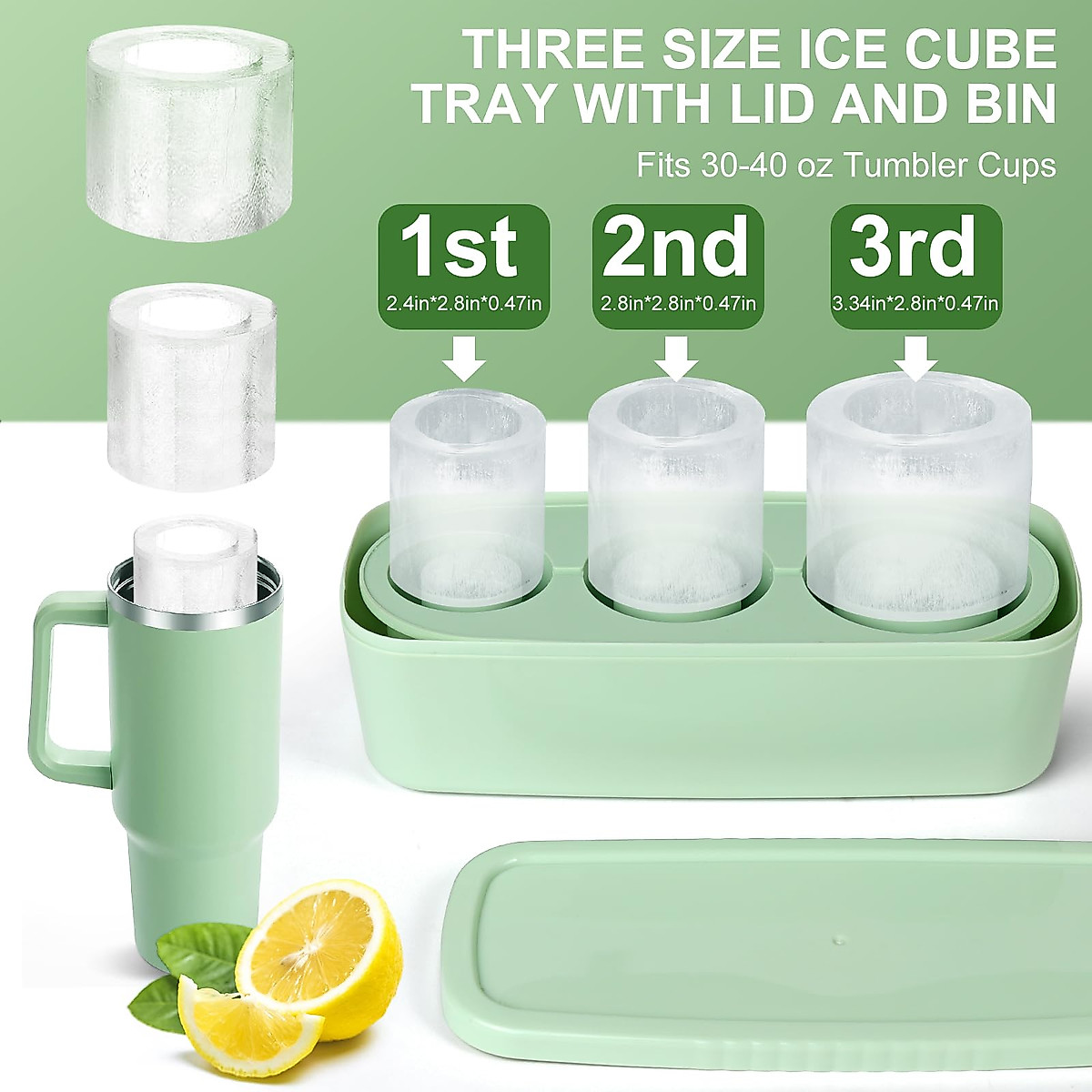 Ice Cube Tray for 20-40oz Tumbler Cup, 3pcs Large Silicone Cylinder Ice Cube Molds for Freezer, Ice Maker With Lid and Bin, Ice Drink, Juice, Whiskey, Chilling Cocktail, Tea, Coffee (Green)