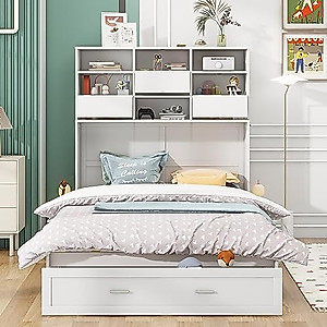 Queen Size Murphy Bed with Bookcase, Bedside Shelves and a Big Drawer, Multi-Functional Murphy Bed for Kids, Teens Bedroom, Space Saving Design & Easy Assembly (White-)