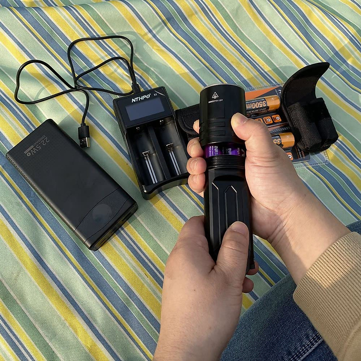 NTHPO S2 One Speedy Charger with Two Battery Storage Bags, LCD Display Intelligent Charger for Rechargeable Li-ion 26650 22650 18650 18490 18350 4500 RCR123, Ni-MH A AA AAA Batteries