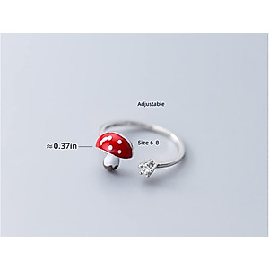 Cute Mushroom 925 Sterling Silver Open Band Ring for Women Girls CZ Expandable Creative Enamel Food Statement Finger Rings Adjustable Comfortable Dainty Birthday Easter Christmas Jewelry Gift