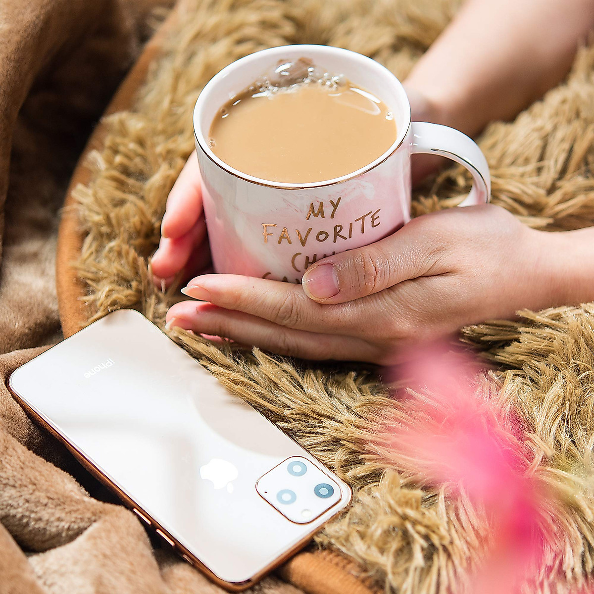 Hendson Mom Gifts From Daughter Son - Birthday Gift For Mother - Mothers Day, Christmas, New Moms Coffee Mug Novelty Gift for Women - My Favorite Child Gave Me This Cup - Pink Marble Mug, 11.5oz