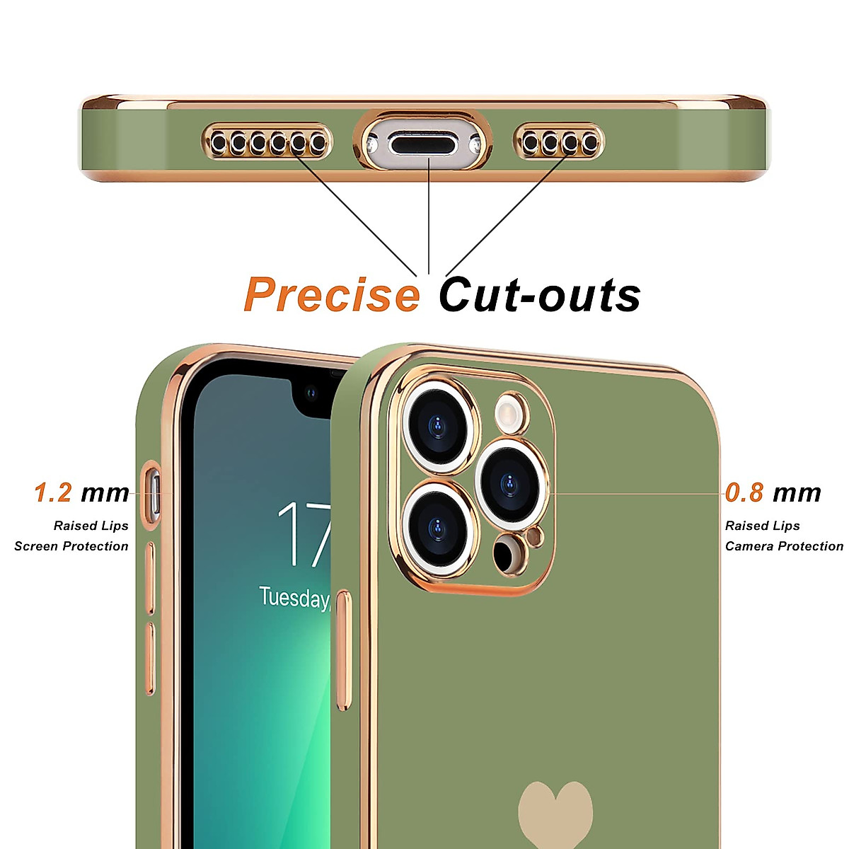 Teageo for iPhone 13 Pro Max Case for Women Girl Cute Love Heart Luxury Plating Soft Bling Back Cover Raised Camera Protection Bumper Silicone Shockproof Phone Case for iPhone 13 Pro Max, Light Green