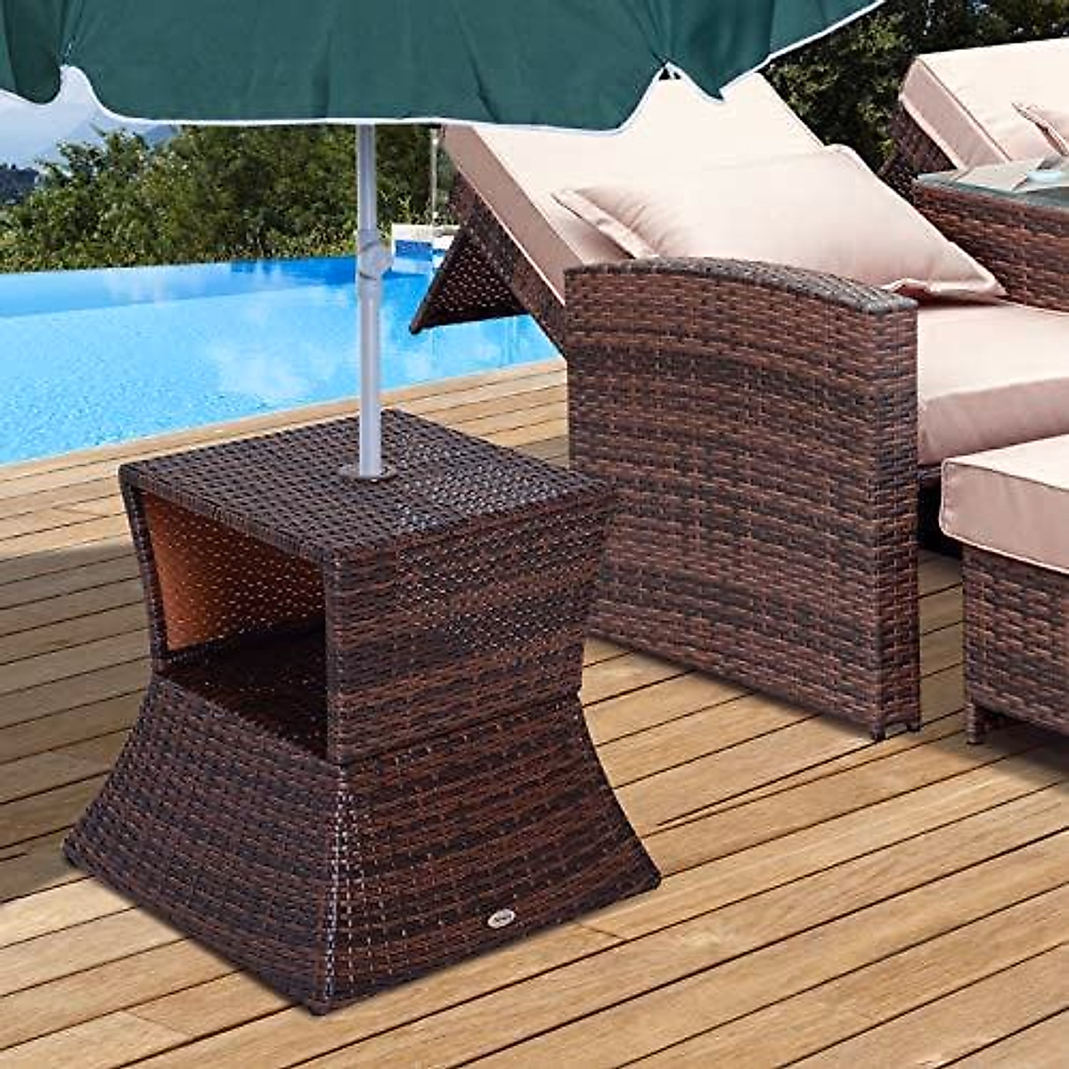 Outsunny Rattan Wicker Side Table with Umbrella Hole, 2 Tier Storage Shelf for All Weather for Outdoor, Patio, Garden, Backyard, Mixed Grey