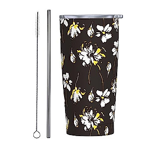 DLUCCA 20oz Insulated Coffee Tumbler With Straw Stainless Steel Swig Tumblers,Travel Mugs Insulated For Hot And Cold,Reusable Thermal Water Bottle Cup For Car Camping Exercise（Golden Floral ）